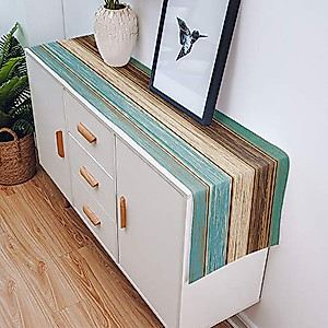 Farmhouse Table Runners 72 Inches Long,Rustic Teal Table Runner Turquoise Blue Green Brown Wood Striped Cotton Linens Burlap Dresser Scarves Table Decor for Kitchen Dining Room Coffee Table