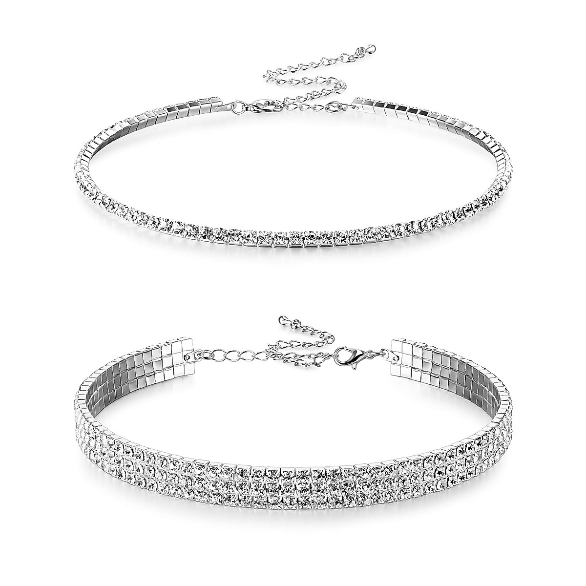 Hicarer 2 Pieces Rhinestone Choker Necklaces 1 and 3 Rows Women Crystal Choker Necklaces