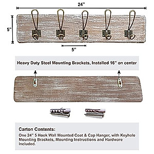 WRIGHTMART Wooden Coat Rack Wall Mounted with 5 Hanger Hook, for Porch, Kitchen, Bedroom, Hallway, Antique Farmhouse Rustic Character, Mahogany Wood, (Aged Whitewash Bronze Hook)