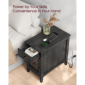 VASAGLE Side Table with Storage, End Table with USB Ports and Outlets, Nightstand with Charging Station, Drawer, Storage Cabinet, Magazine Rack, for Living Room, Bedroom, Charcoal Gray ULET312T22