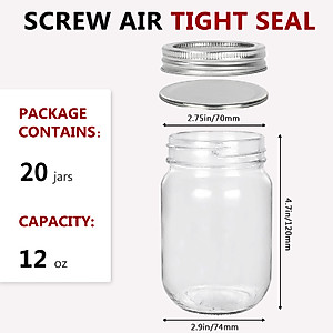 12 oz Glass Mason Jar, 20 Pack 360ml Canning Jars with Regular Mouth Lids, Glass Jars Storage Containers for Overnight Oats, Jam, Jelly, Honey, Beans, Spice, Wedding Party Favors, Shower Favors