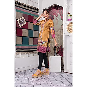 IshDeena Pakistani Kurtis for women Indian Style Cotton Tunics Womens Tops Printed Lawn (2X-Large, Musturd Yellow)