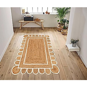 Scalloped Jute Rug 5x7- Natural Boho Bath Mat 2x3- Jute Runner Rug for Kitchen 2.6x6 ft- Seagrass Jute Rug 8x10 for Living Room Area- 3x5 Farmhouse Rugs Indoor/Outdoor (2'x3' Ft, White)