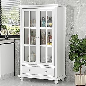 AIEGLE Storage Cabinet, Tall Display Cabinet Bookcase with Drawer & Glass Doors, Floor Locker Cabinet Bookshelf for Living Room Office, White (31.5" W x 15.7" D x 55.1" H)