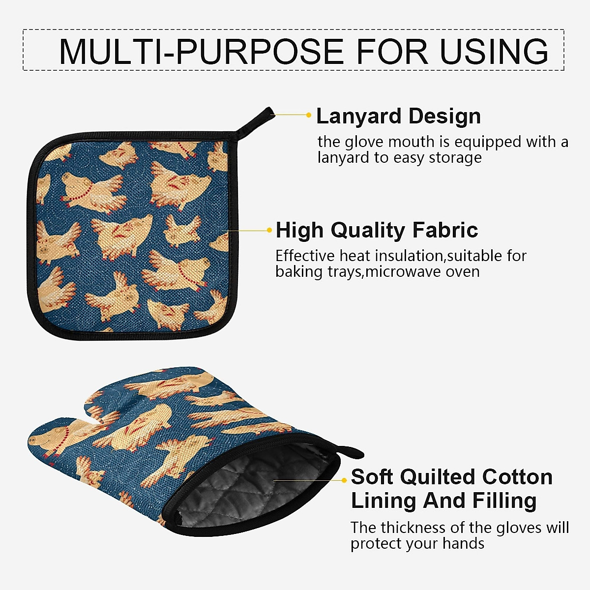 Oven Mitts and Pot Holders Set, Flying Pigs A Dark Blue Sky Heat Resistant Waterproof Gloves with Soft Cotton Lining for Kitchen Cooking, Baking, Microwave, BBQ