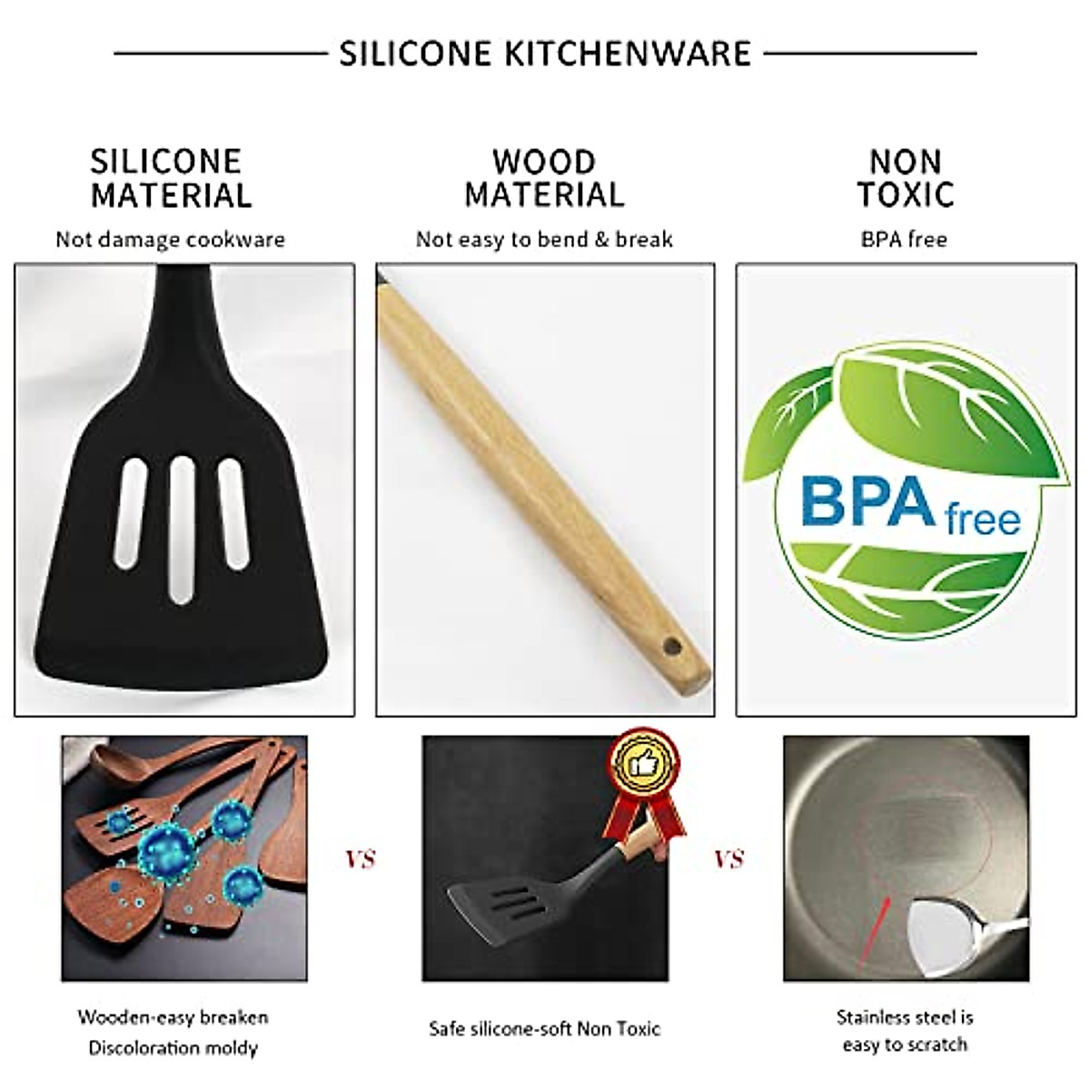 Kitchen Tools Silicone Kitchenware 13 Piece Sets Non-Stick Pot Spatula Kitchen Tools Cooking Spatula Set (black)(BPA Free)