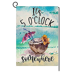 BLKWHT Summer Beach Garden Flag It's 5 O'Clock Somewhere Vertical Double Sided Tropical Fruit Coconut Burlap Yard Outdoor Decor 12.5 x 18 Inches A2152