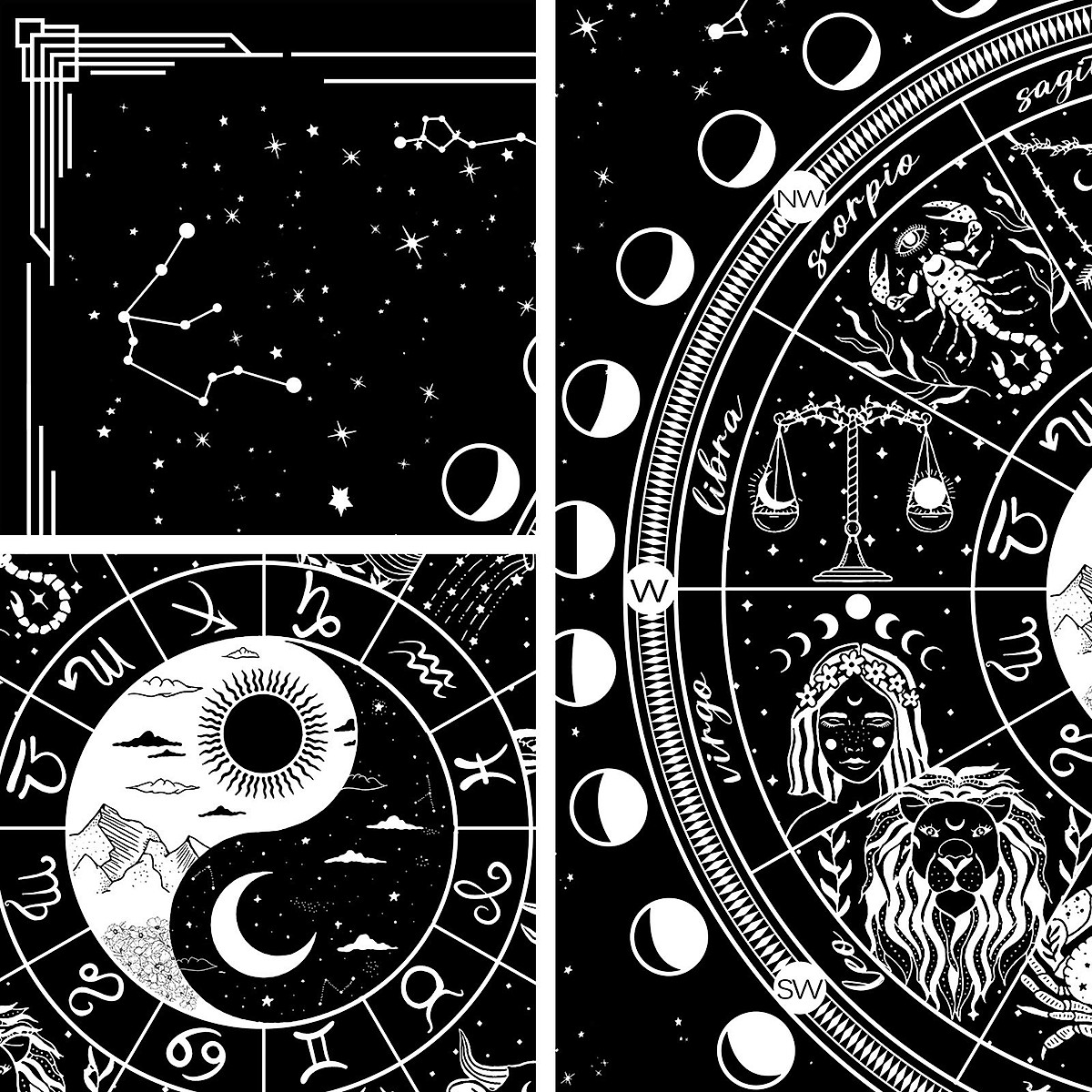 Kanuyee Twelve Constellation Tapestry,Black and White ，Sun and Moon ，Yin and Yang Tapestry Mystic Wall Hanging Tapestry for Home Decor (35"x47")