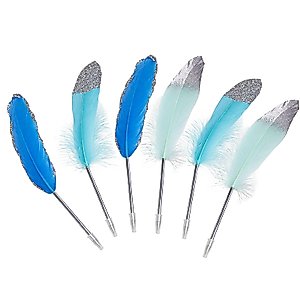 Cheerland Feather Ballpoint Pen Set Glitter Silver Royal Blue Sapphire Feathered Vintage Pens For Anniversary Graduation Baby Shower Wedding Bridal Shower Office Party Favors - Pack of 6