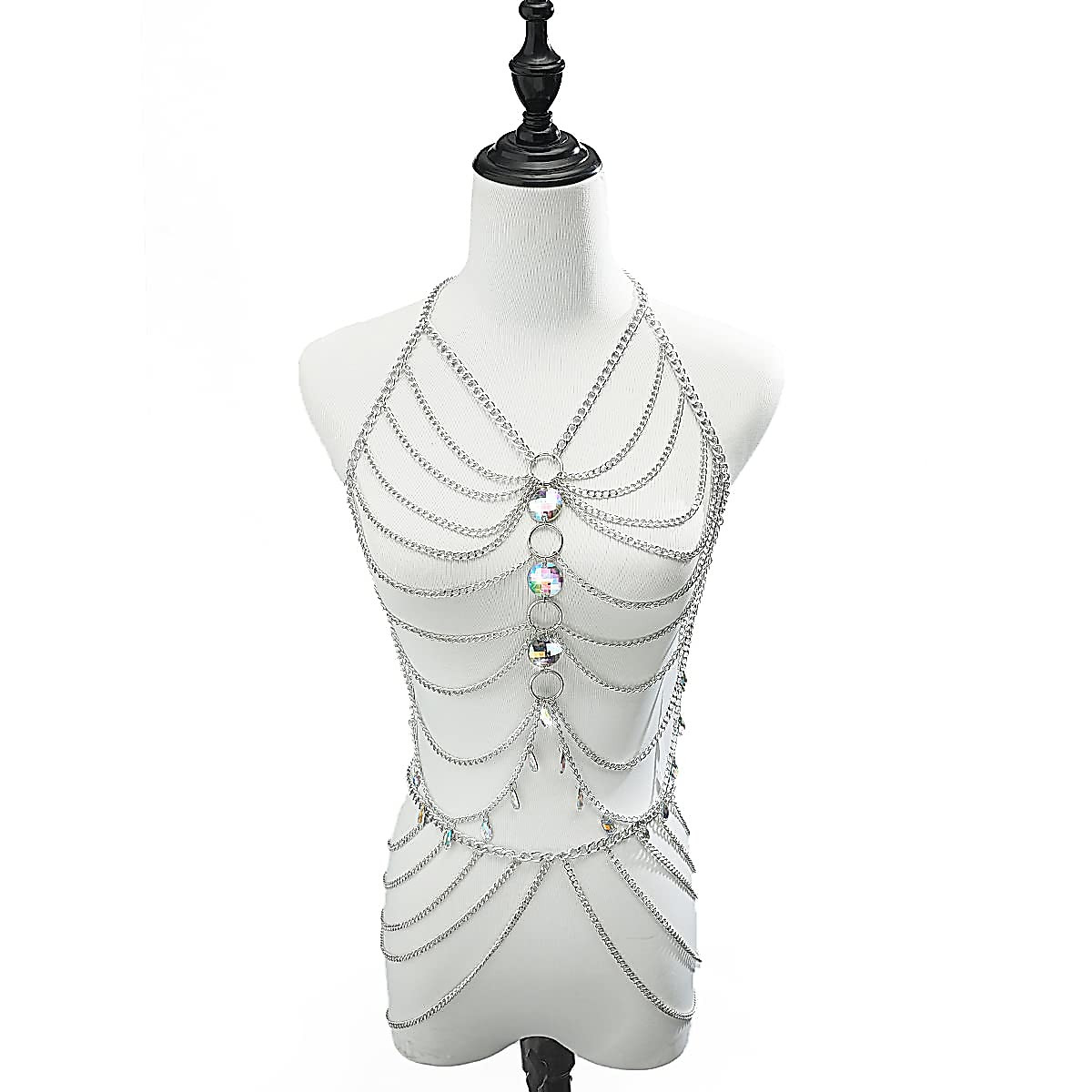 Connie Cloris Women's Sexy Body Chain Suit Fashion Halter Bra Chain Body Jewelry (206-D-Silver color)