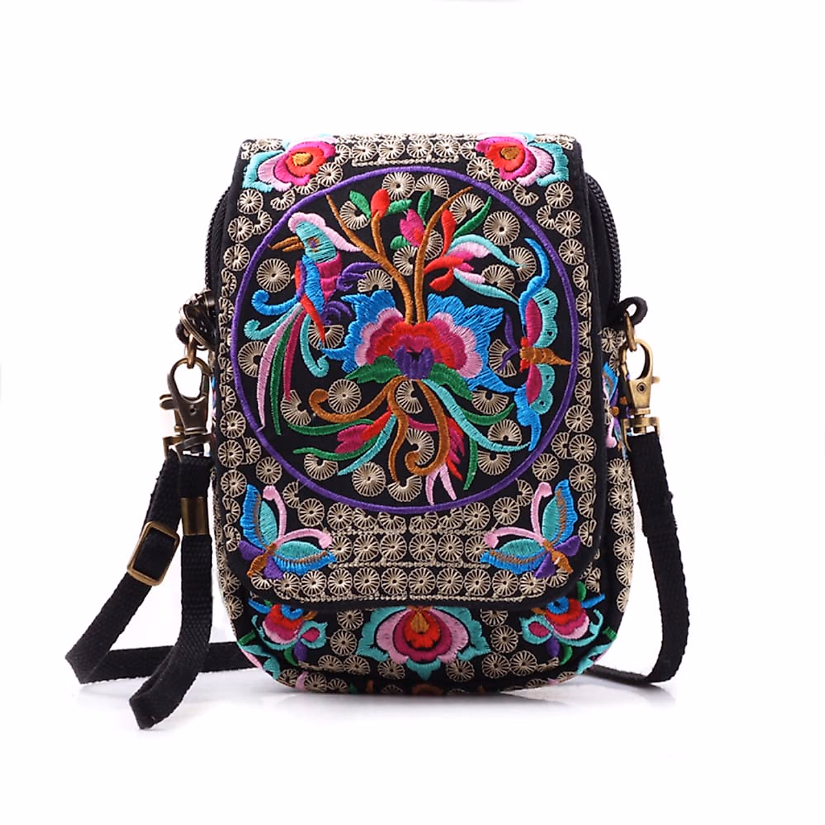 Canvas Crossbody Bag Cell phone Pouch Coin Purse for Women Embroidery Retro (flower)