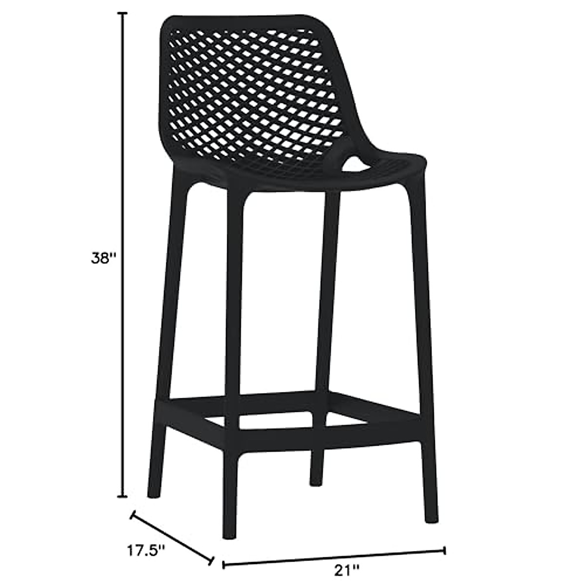Meridian Furniture 330Black Mykonos Collection Modern | Contemporary Outdoor Patio Stool with Black Polypropylene Plastic, Weather Resisting, 17.5" W x 21" D x 38" H, Black, Set of 4
