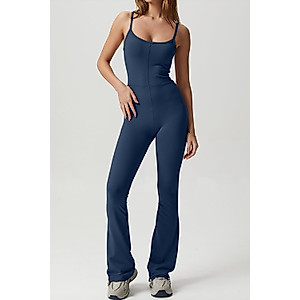 QINSEN Womens Yoga Jumpsuits Workout Sleeveless High Waist Sport One Piece Jumpsuits Navy Blue S