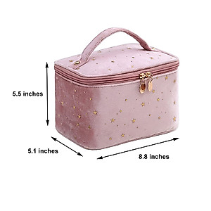 HOYOFO Velvet Makeup Bag with Handle Cosmetic Bags with Makeup Brush Holder Travel Make up Bag for Women, A Pink