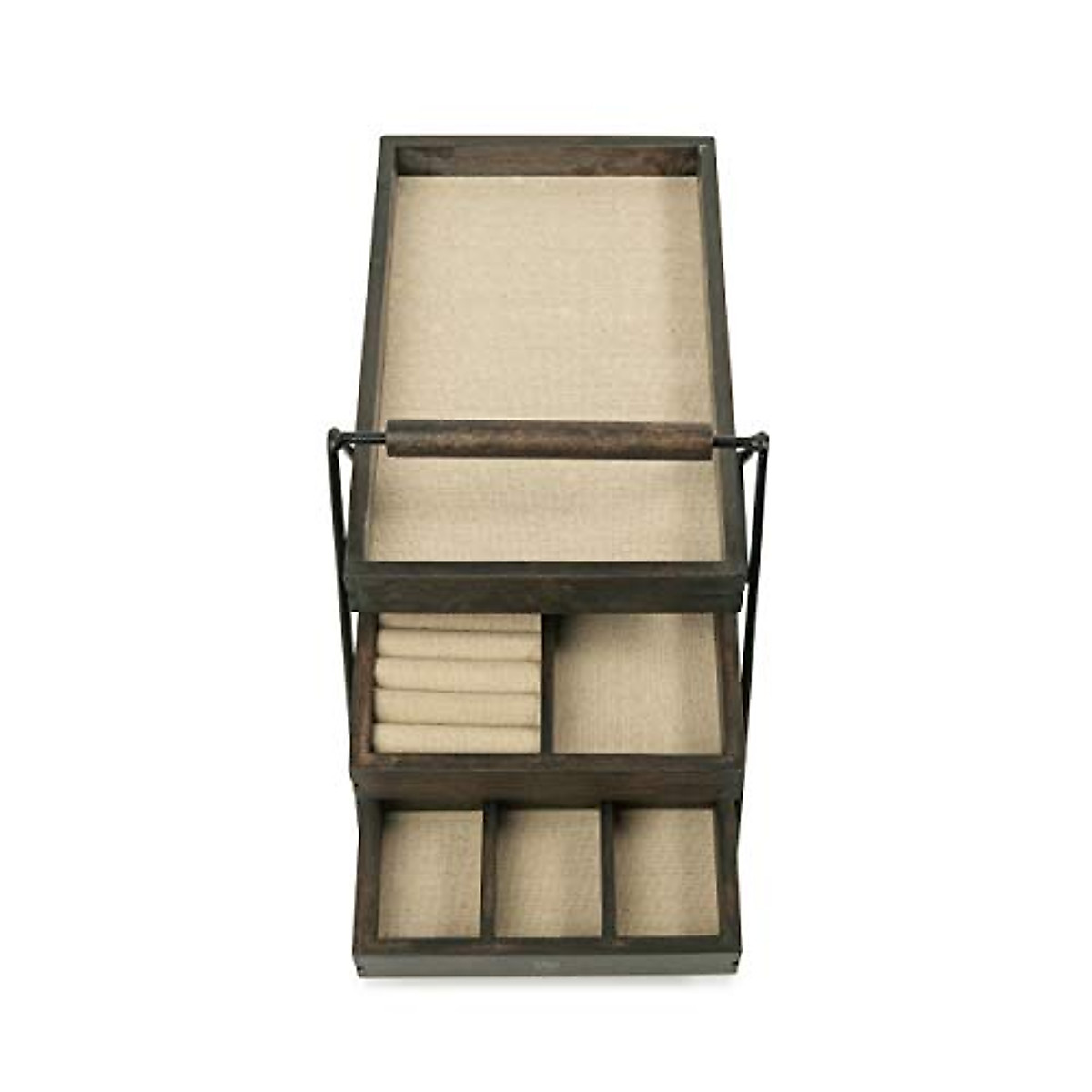 Umbra Terrace Tier Jewelry Three Sliding Linen Lined Wood Trays with Metal Frame and Handle, Easy Storage and Access, Walnut, 3 Each
