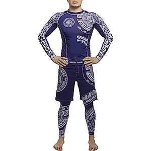 Hardcore Training Ta Moko Men's Rash Guard Compression Long Sleeve MMA No-Gi Tight BJJ Grappling Base Layer Fitness Blue White