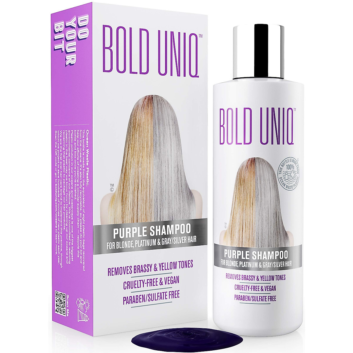 BOLD UNIQ Purple Shampoo & Conditioner Duo - Eliminates Brassy Yellow Tones. Lightens Blonde, Platinum, Ash, Silver and Grays. Paraben & Sulfate Free, Vegan and Cruelty Free.