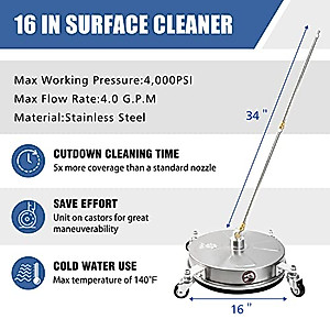 JANZ 16" Pressure Washer Surface Cleaner with 4 Wheels, Stainless Steel Housing, 1/4" Quick Plug, 2 Extension Wand Attachments, 2 Replacement Nozzles and 3 Spray Nozzles, 4000 PSI
