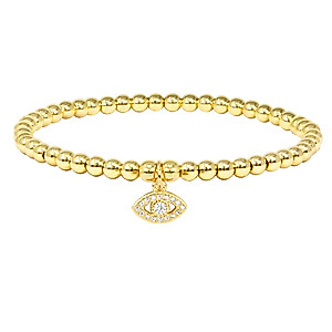 MEPLUS FASHION Evil Eye Charm Bracelets for Women Gold Silver Stainless Steel 4mm Bead Ball Stretchable Elastic Bracelet