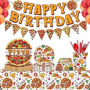 CC HOME Pizza Party Themed Party Supplies Pack Pizza Party Decorations Party Pack- Serves 16 - Includes Pizza Party Plates Cups Napkins