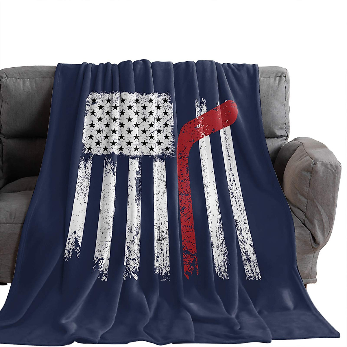 Throw Blanket- Winter Ice Hockey USA Flag Soft Warm Plush Fleece Bed Throw,50x60In Flannel Blankets American Stars Stripes Bedding Throws for Women/Men Bedroom Living Room Office Decor Navy Blue