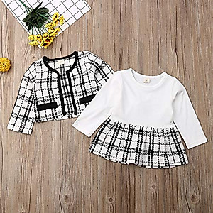 Emmababy 2Pcs Baby Girl Princess Dress Outfit Autumn Winter Warm Clothes Plaid Coat Tops Patchwork O-Neck Tutu Dress Skirt (Black White, 1-2 Years)