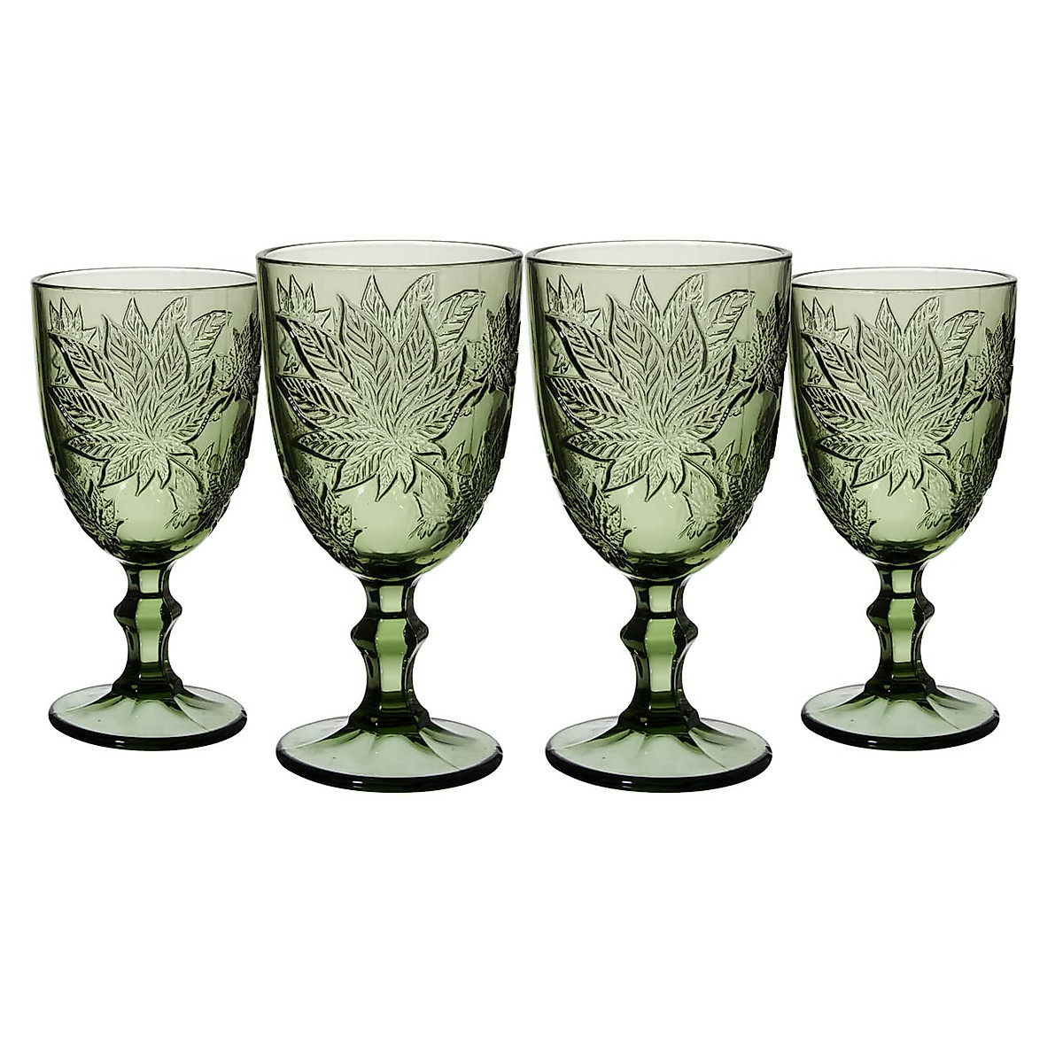 SANHECUN Wine Glasses Set Embossed Vintage Style Goblets 10 oz Green Set of 4(4, Wine Goblet 10 oz)