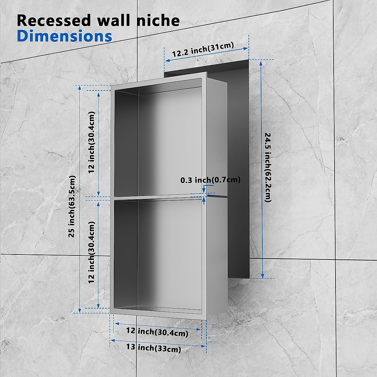 QAOYEDE Shower Niche Insert No Tile Needed, 24"x12" Stainless Steel Niche for Shower Wall, Recessed Shower Shelf for Bathroom Storage 2 Layer,Brushed Nickel