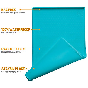 Hubulk Dog Feeding Mat,100% Waterproof Food Grade Silicone Pet Food and Water Bowl Placemat,Dishwasher, High Raised Edge to Prevent Spills,Nonslip Tray to Stop Messes on Floor (19"x12"x0.5", Teal)