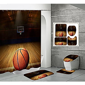 CERYUEE Basketball Shower Curtain Sets with Rugs 4 Piece Bath Curtains Bathroom Decor with Toilet Lid Cover, 72"x72"