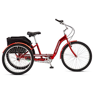 Schwinn Meridian Deluxe Adult Tricycle Bike, Mens and Womens Three Wheel Beach Cruiser, 26-Inch Wheels, Low Step-Through Frame, Wide Seat, Rear Folding Basket, 3-Speed, Red