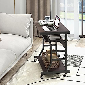 Tangkula Mobile Computer Desk with Keyboard Tray, Portable Small Rolling Desk with Mouse Tray & Bottom Storage Shelf, Rolling Laptop PC Desk Cart with Lockable Wheels for Small Space (Brown)