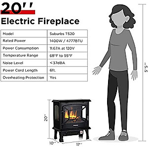 TURBRO Suburbs 20 Inches Infrared Electric Fireplace Stove, 1400W Freestanding Fireplace Heater with Overheating Safety Protection, Portable Indoor Space Heater, Black