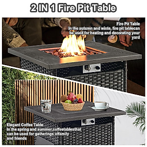 HUMMUH Patio Furniture with Fire Pit 4 Pieces Wicker Outdoor Sectional Couch with Patio Swivel Rocking Chairs,Propane Fire Pit Conversation Set for Patio Garden,Backyard,Deck