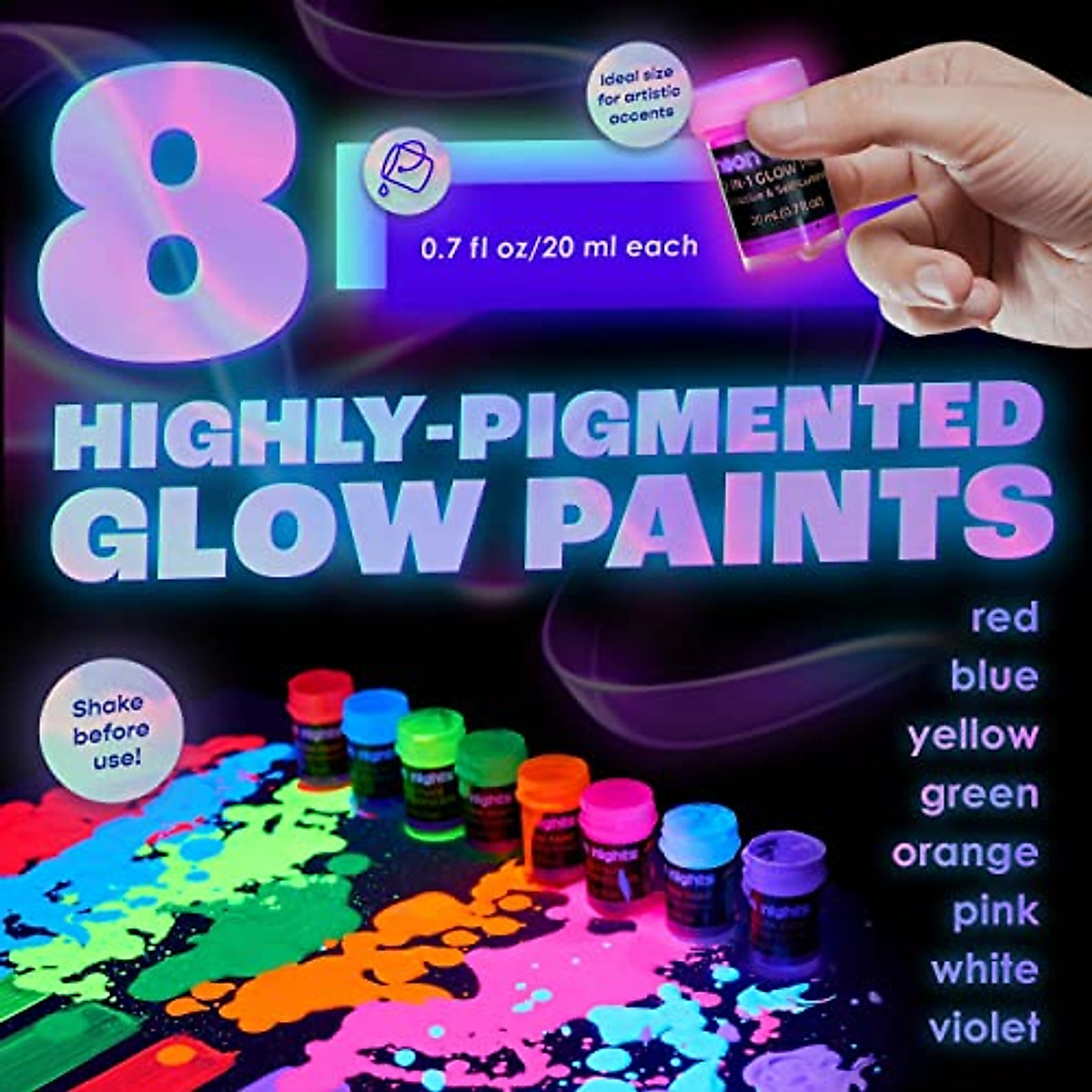 neon nights 2-IN-1 Glow In The Dark Acrylic Paint Set Glows in the Dark & under UV Blacklight - Set of 8 Self-Luminous Neon Paints for Halloween - German Premium Quality - 8 x 20 ml /