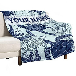 Personalized Sea Turtle Blanket with Name - Soft, Fuzzy & Warm - 40"x50" Small Blanket for Couch, Sofa - Blue Cute Throw Gifts for Adults, Kids