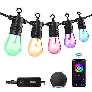 HBN Smart Color-Changing Outdoor String Lights - 48ft, LED, 24 Bulbs, 2.4 Ghz WiFi Needed-Compatible with Alexa, Google Assistant, iOS and Android (Tuya Smart App Needed) No Smart Hub Required