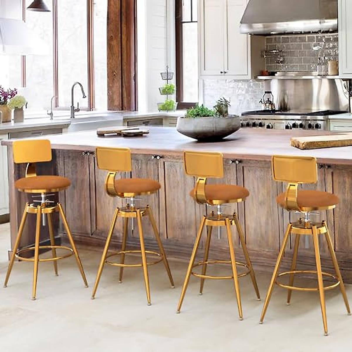 Cozyman Industrial Swivel Bar Stool Set of 4, 26"-32" Adjustable Counter Height Bar Stool with Back for Kitchen Island, Vintage Farmhouse Faux Leather Barstool with Golden Metal Legs, Whiskey Brown