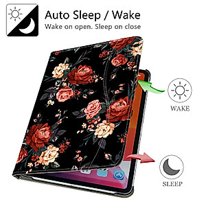 Hepix iPad Pro 12.9 Case 2022 2021 2020 2018 Rose Flower iPad 6th 5th 4th 3rd Gen with Pencil Holder, Black Floral Multi-Angle Stand Pocket Protective Leather Cover Auto Sleep Wake