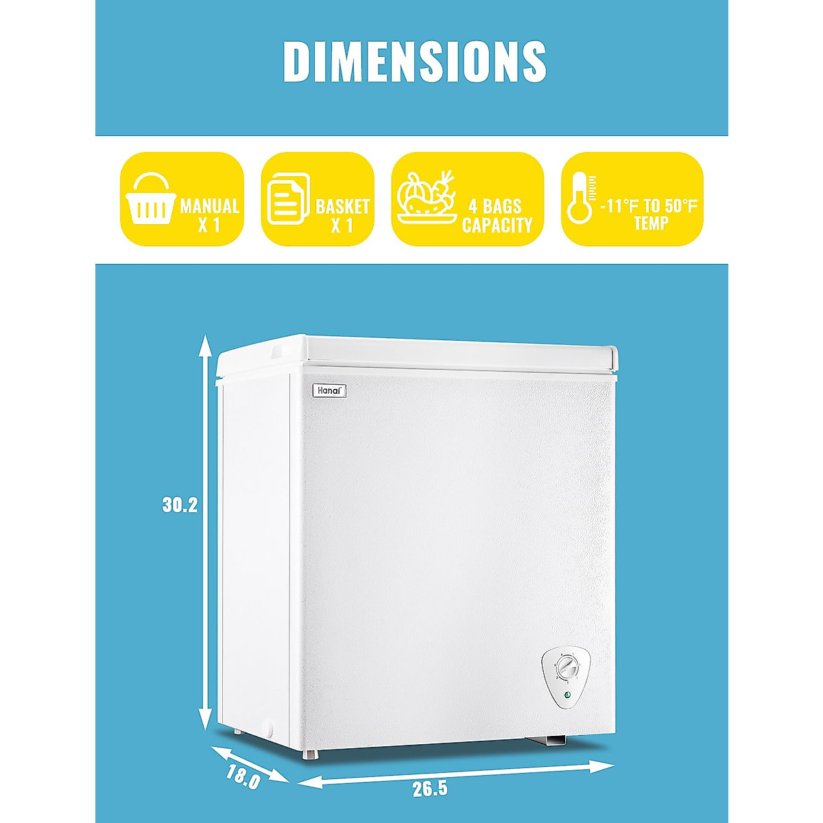 5.0 Cubic Feet Chest Freezer Small Deep Freezers with Removable Storage Basket Free Standing Top Door Compact Freezer 7 Gears Temperature Control for Office Dorm Apartment