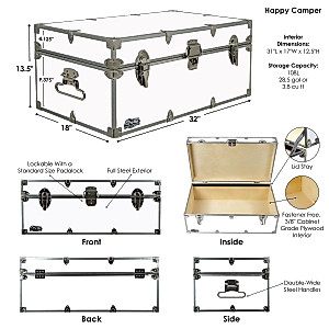 C&N Footlockers - Full-Size Happy Camper Trunk - #1 Summer Camp Trunk - Made in the USA - Steel Footlocker with Lid Stay - 32 x 18 x 13.5 Inches (Lime Green)