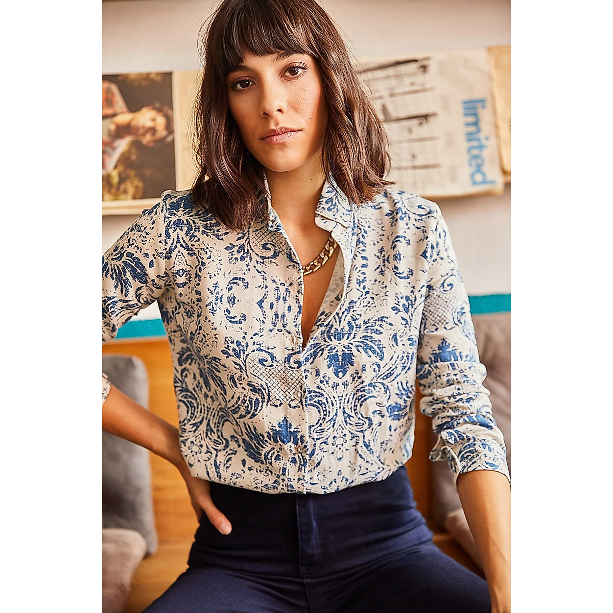 Blouses for Women Fashion, Casual Long Sleeve Button Down Shirts Tops (Blue Print, Medium)