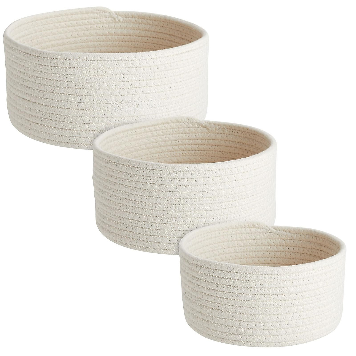 Farmlyn Creek 3 Pack Woven Baskets for Storage, Small Round Cotton Rope Organizing Bins (3 Sizes, White)