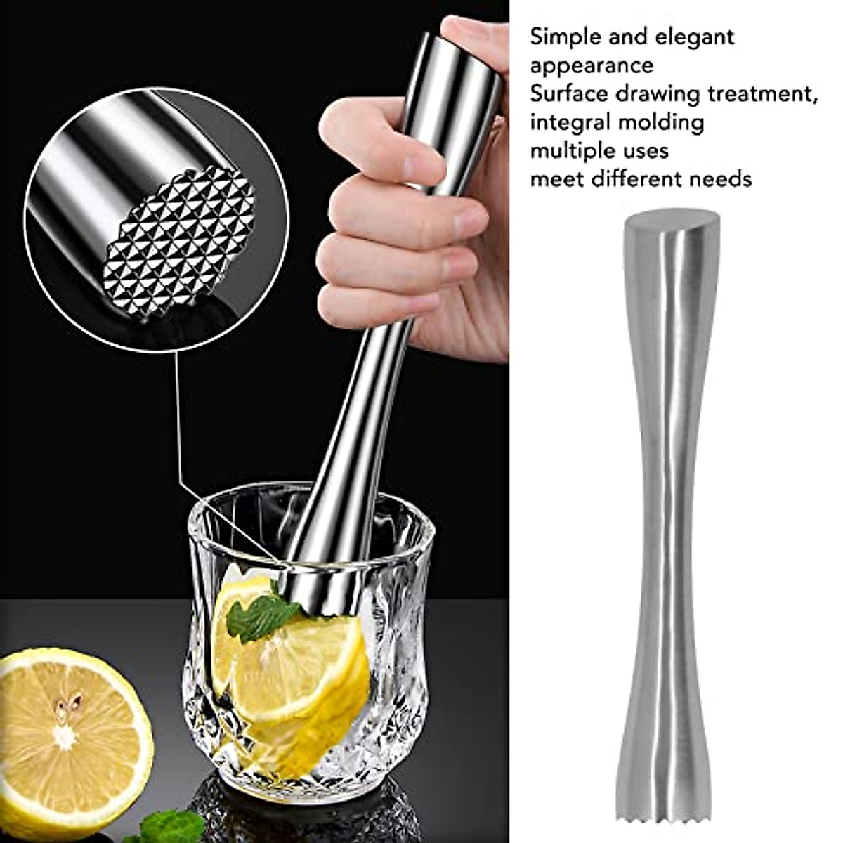 Muddler for Cocktails, Professional Stainless Steel Cocktail Muddler Food Grade One Piece Forging Drink Muddler for Kitchen Bar, Mixing Spoon Home Bar Tool(Long Handle)