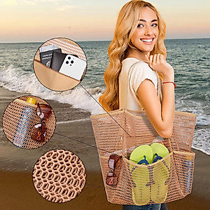 Tainehs Mesh Beach Tote Large Bag Shopping bags Grocery bag 2023 Upgrade for Women with Multiple Pockets for Family Travel Swimming Waterproof Pool Bag Khaki