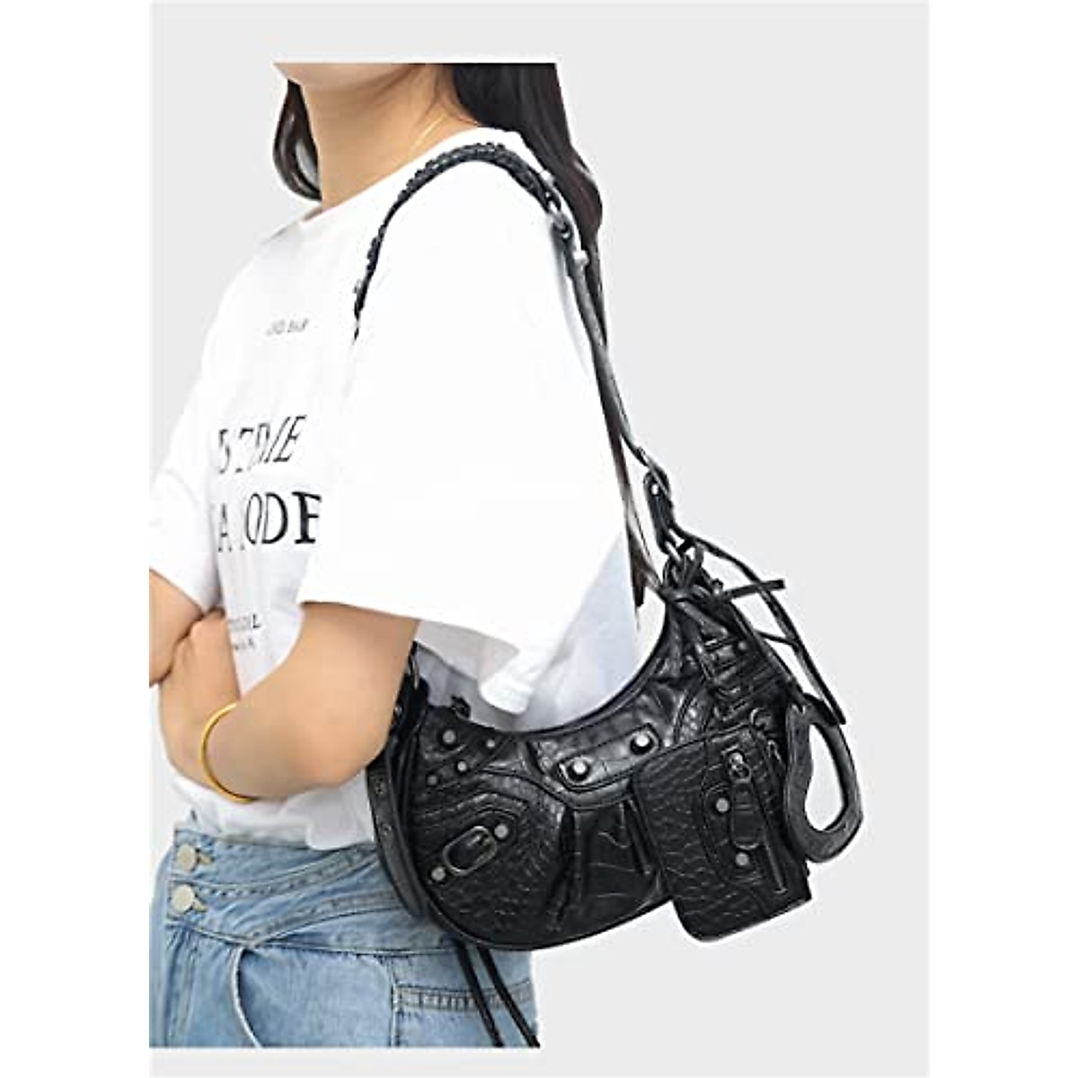 Shoulder Bags for Women, Crocodile Effect Retro Faux Leather Classic Clutch, PU Leather Bag Purse for Travel Work (Black)