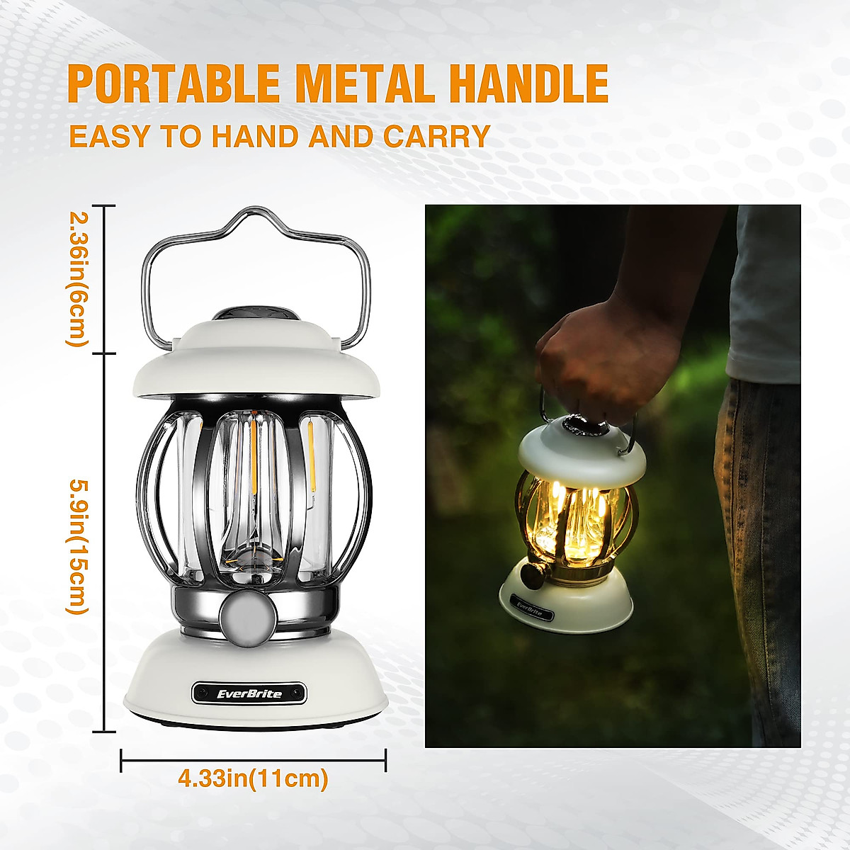 EverBrite Camping Lantern Rechargeable, Retro Metal Camping Light, 4400mAh Battery Powered Hanging Vintage Camping Lamp, 3 Light Modes, Outdoor Tent Light, Emergency Lantern for Power Outage - White