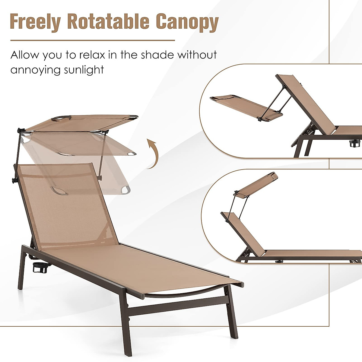 Tangkula Patio Chaise Lounge Chair, Outdoor Recliner with Adjustable Canopy & Cup Holder, 6-Level Backrest, Heavy-Duty Metal Reclining Lounger for Poolside, Backyard (1, Brown)