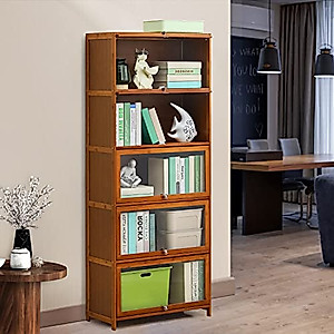 MoNiBloom 5 Tier Book Cabinet with Acrylic Doors, Bamboo Display Shelf Organizer Stand for Children's Student, Living Room, Home, Office, Brown