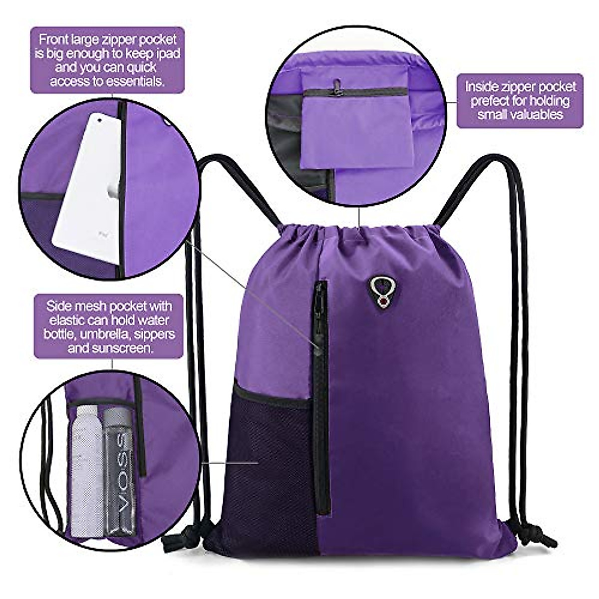 BeeGreen Drawstring Backpack Bag with Water Bottle Pocket &Two Zippered Pocket Large Cinch Sackpack for Unisex Dark Violet